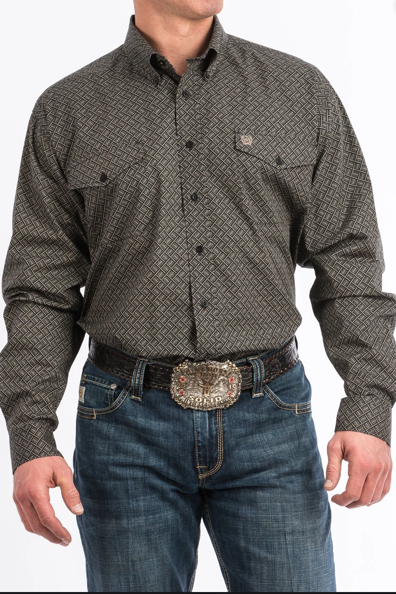 CINCH WESTERN MENS TAN AND BLACK GEO PRINT DOUBLE POCKET WESTERN BUTTON ...