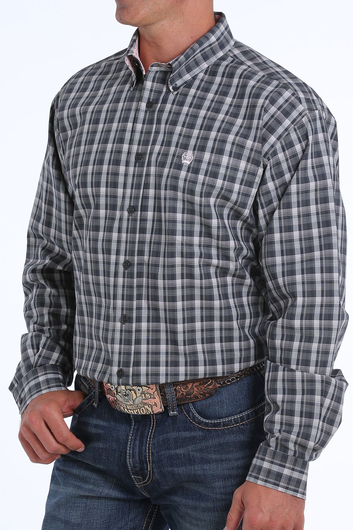 MENS CHARCOAL AND PINK PLAID BUTTON-DOWN WESTERN SHIRT MTW1104850 ...